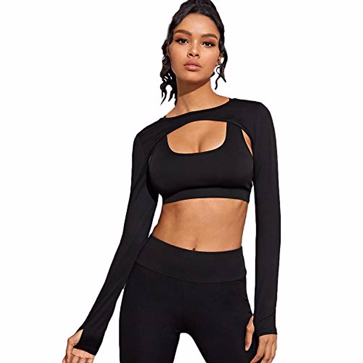 SweatyRocks Women's Stretch Cutout Yoga Sports Tee Long Sleeve Crop Top T Shirts Black Medium