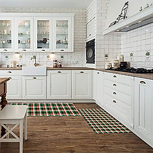 Merry Christmas 2 PCS Memory Foam Kitchen Mats, Water Absorbent Kitchen Rugs, Anti-Skid Kitchen Mat and Rug for Kitchen, Floor Home, Office, Laundry, Sink Red Green Plaid Geometric Tiled Texture