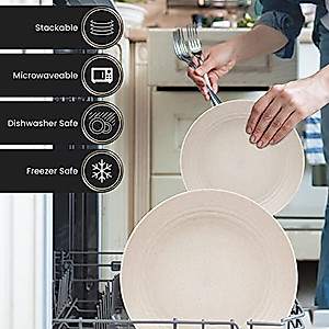 Miizula Premium 16 Pcs Beige Wheat Straw Plastic Dinnerware Sets - Unbreakable Reusable Wheat Straw Bowls and Plates Dinner Set - Microwave Dishwasher Freezer Safe - Deep Spillproof - Eco Friendly