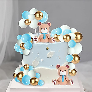 Bear Cake Toppers With Blue Gold White Cake Topper Mini Balloons, For Baby Shower Gender Reveal Party Birthday Party Bear Theme Party Supplies (Blue)