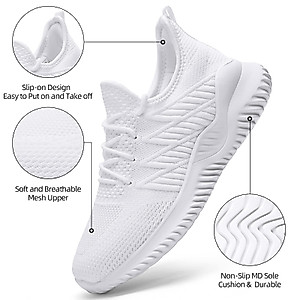 Slow Man Womens Walking Tennis Shoes Fashion Slip on Comfortable Lightweight Memory Foam Athletic Casual Sneakers for Running Gym Workout Nurse All White,8