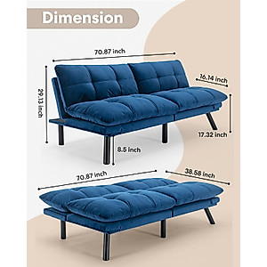 Velvet Convertible Futon Sofa Bed, 71" Comfy Loveseat Sleeper Sofa with Adjustable Backrest Armrest, Strengthen Wood, Thick Padded Cushion, Small 2 Seater Futon Couch for Living Room,Bedroom (blue)