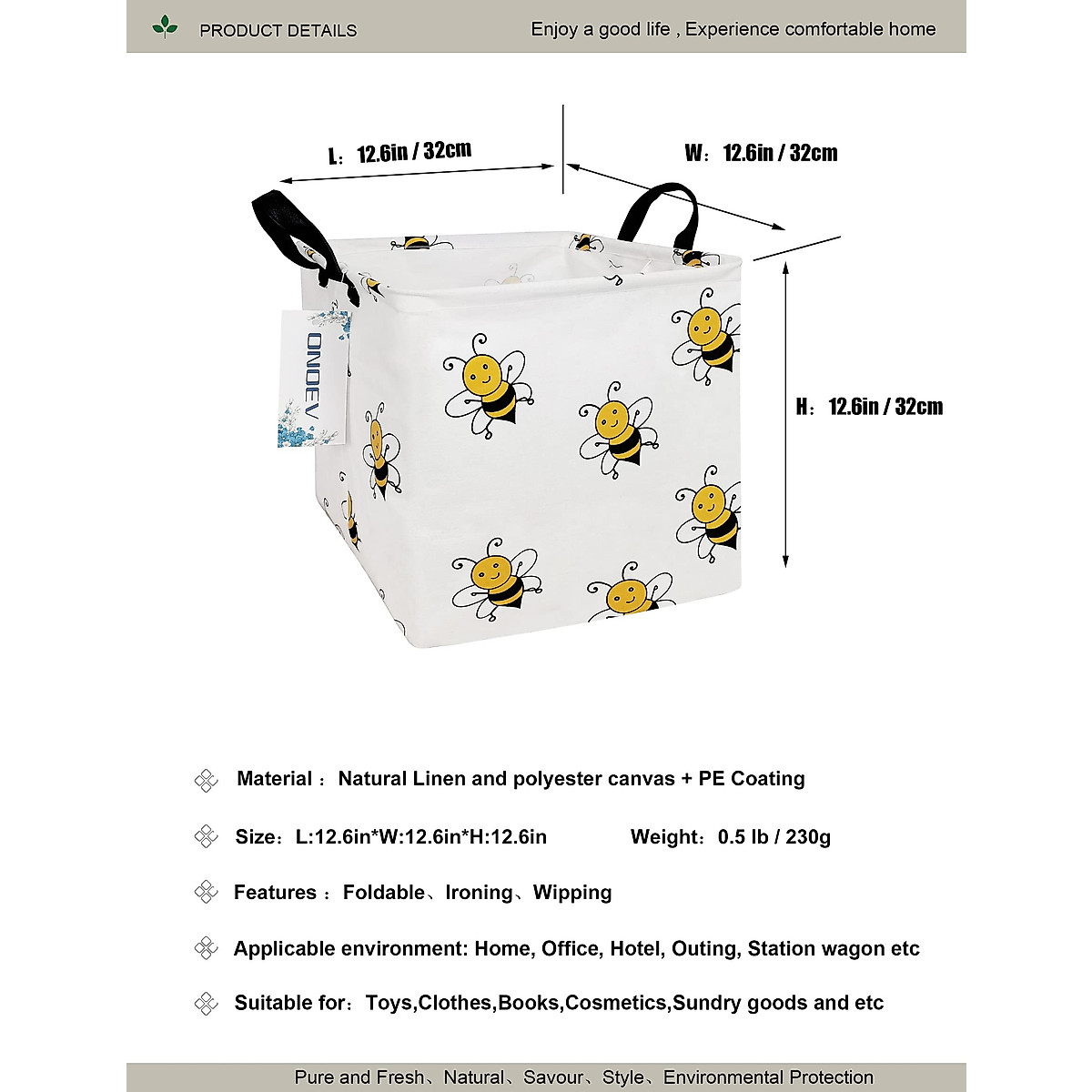 ONOEV Square Folding Laundry Basket, Canvas Basket,Nersury Hamper,Suitable for Children,Office,Bedroom,Clothes,Toys Storage（Bee