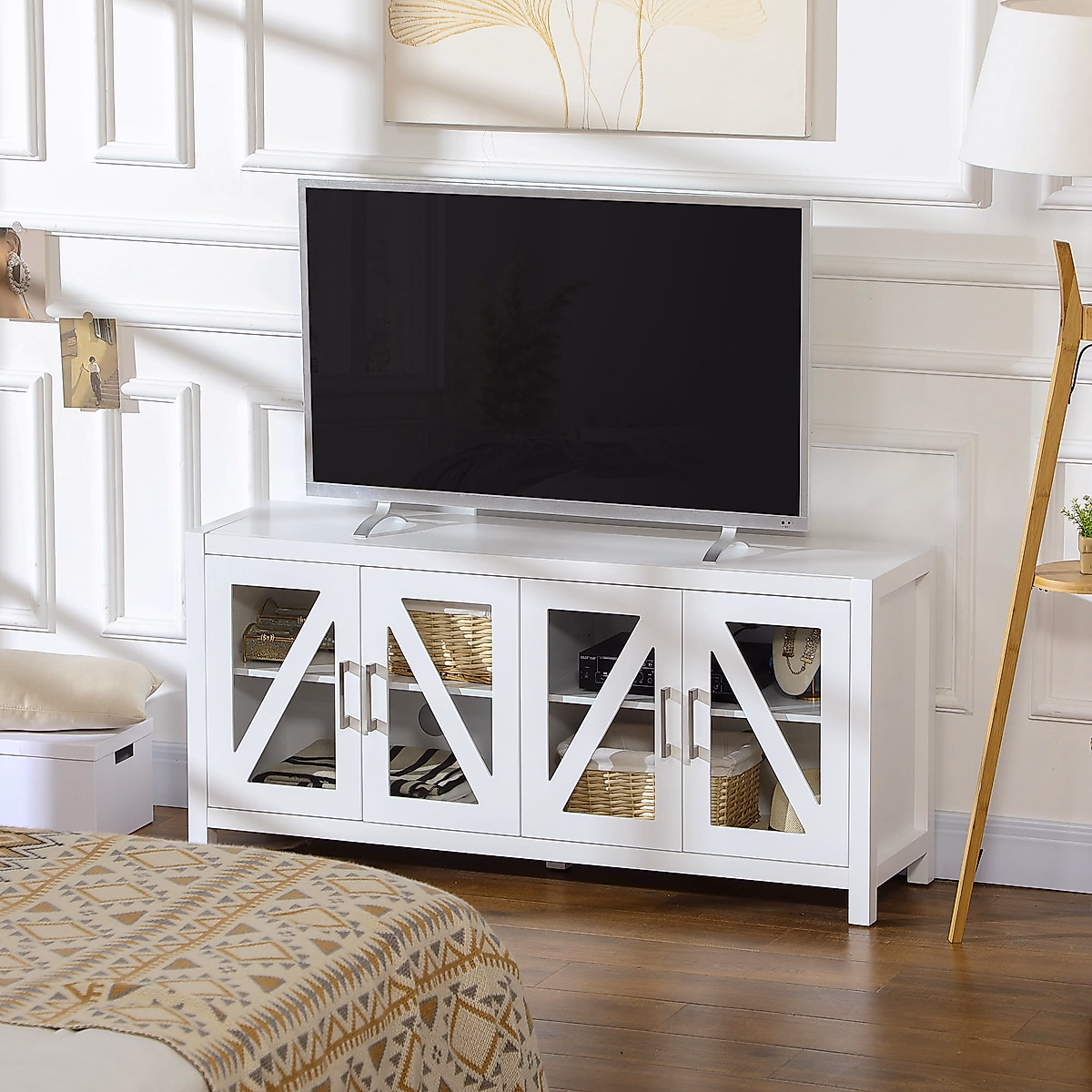HOMCOM TV Cabinet Stand for TVs up to 58", Entertainment Center with Adjustable Shelves, 4 Glass Doors and 4 Cable Holes for Living Room, White