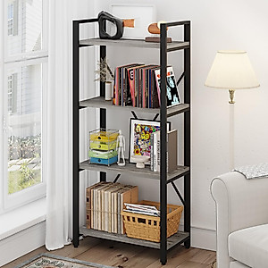 BON AUGURE Industrial 4 Tier Bookshelf, Modern Open Etagere Bookcase, Wood Metal Book Shelves for Living Room, Bedroom and Office (Dark Gray Oak)