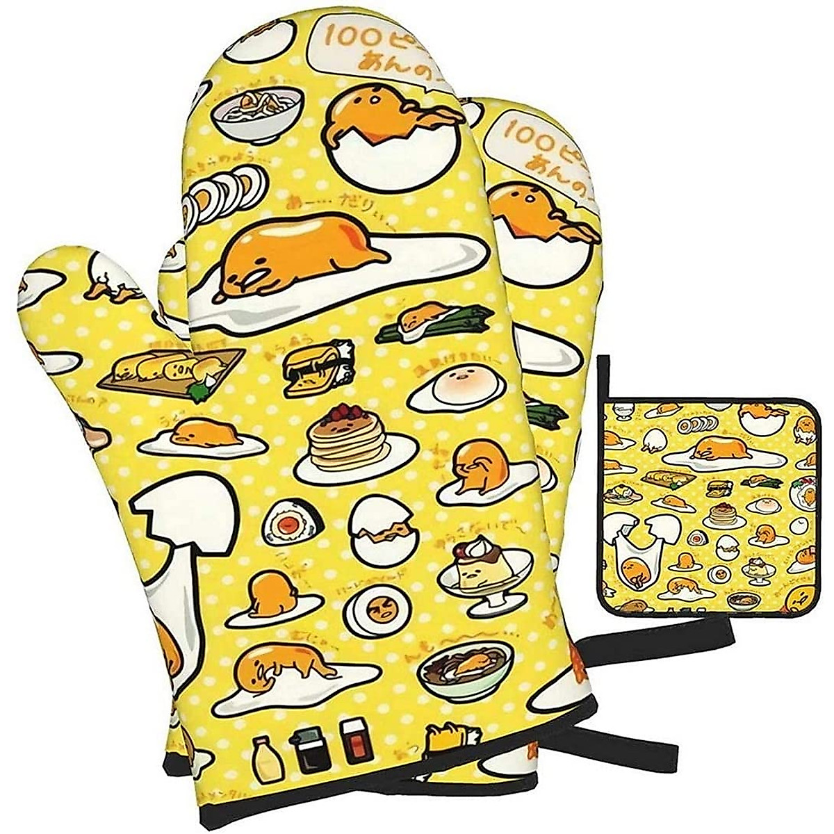 JKKL Gudetama Pattern，3pcs Oven Mitts and Pot Holders for Kitchen,Cooking,Baking,Grilling,BBQ