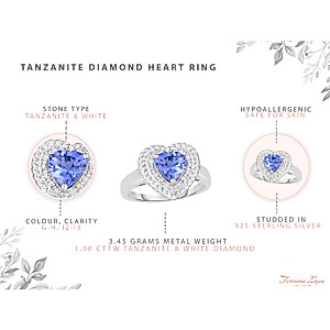 Femme Luxe 1.00 Carats Tanzanite and 0.10 ct.Diamond Heart Ring for Women, 925 Sterling Silver, Giftable Jewelry, Perfect Valentine Gift (7)