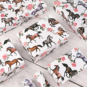 12 Sheets Horse Floral Wrapping Paper Run for The Roses Themed Gift Wrap Paper for Kentucky Derby Party Horse Racing Birthday Party DIY Craft, 19.7 × 27.6 Inch