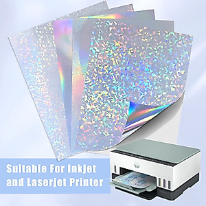 Uinkit 60 Pack Printable Holographic Sticker Paper for Inkjet and laser printer 8.5x11 inches Printable Waterproof Vinyl Sticker,Dries Quickly (60Pack, Variety Pack-5 color)