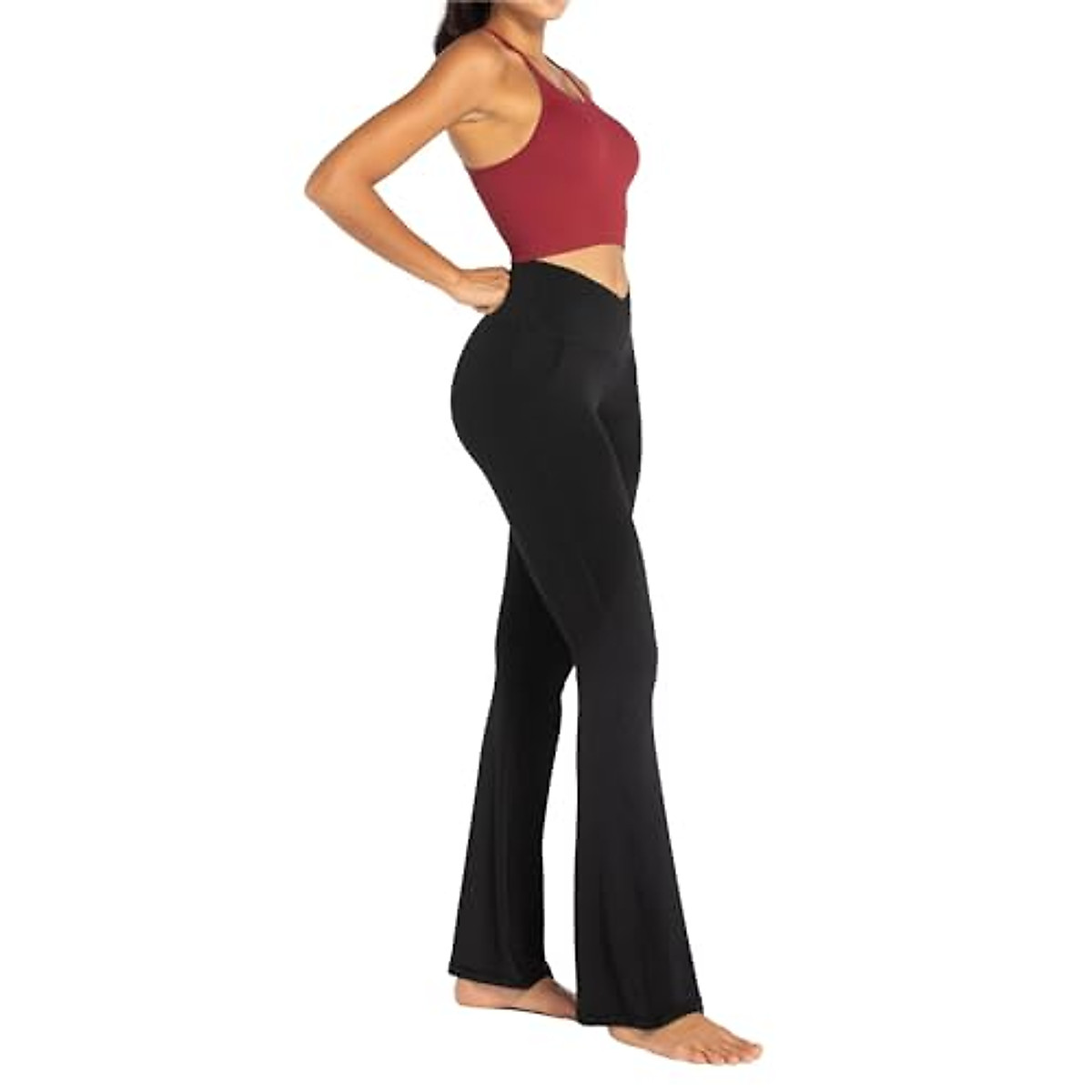 Sunzel Flare Leggings for Women with Pockets, Crossover Yoga Pants with Tummy Control, High Waisted and Wide Leg 30" Inseam Black Medium