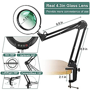 Veemagni 10X Magnifying Glass with Light, 5 Color Modes Stepless Dimmable, Adjustable Swing Arm LED Lighted Desk Lamp with Clamp, Hands Free Magnifier with Light and Stand for Craft Hobby Close Works