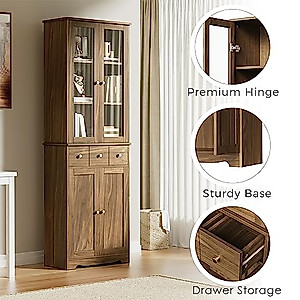 Display Cabinet with Glass Doors and Adjustable Shelves,3-Tier Home Office Bookshelf with Storage Drawers, Freestanding Storage Cabinet for Office Bedroom Dining Living Room（Natural Wood）