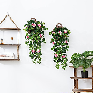 TINGHONG Artificial Ivy Vines Begonia Leaf Plants with Pink Silk Flower 3.2Ft Fake Hanging Green Plant for Home Room Garden Wedding Wall Decor (Pink NO Basket )