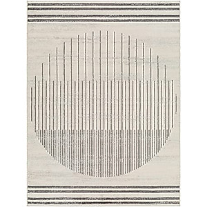 BoutiqueRugs Chet White and Gray Modern Abstract Geometric Area Rug - Minimalist Contemporary Striped Carpet for Living Room, Bedroom, Dining Room - Charcoal, Light Gray, Cream - 6'7" Round Rug