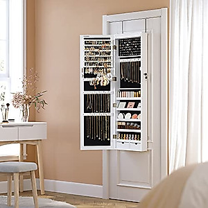 SONGMICS 6 LEDs Mirror Jewelry Cabinet, 47.2-Inch Tall Lockable Wall or Door Mounted Jewelry Armoire Organizer with Mirror, 2 Drawers, White UJJC93W