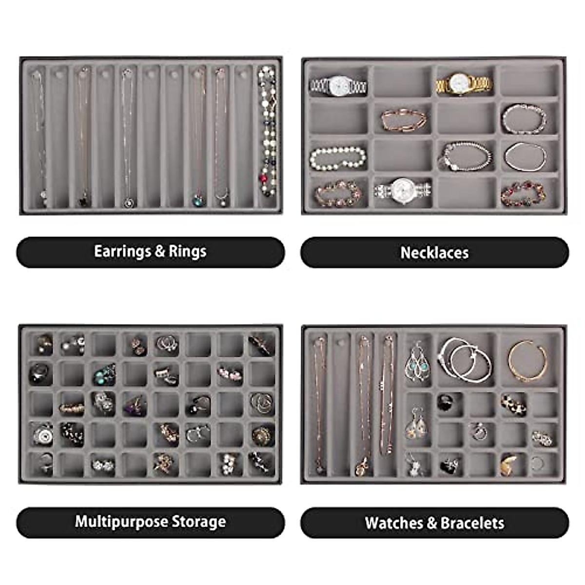 JACKCUBE DESIGN Stackable Synthetic Leather Jewelry Trays Organizer Jewelry Storage Display Earring Necklace Bracelet Ring Organizer for Drawer (Set of 4, Black)- MK212-1ABCD