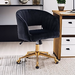 Home Office Chair Swivel Velvet Desk Chair Accent Armchair Upholstered Modern Tufted Chairs with Gold Base for Girls Women Ergonomic Study Seat Computer Task Stools for Living Room(Black)