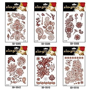 AHIER Henna Tattoo, 6 Sheets Henna Stickers, Waterproof Red Henna Tattoo Stickers for Women