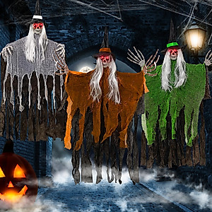 Halloween Hanging Decorations Outdoor - 3 Pack 41" Halloween Hanging Ghost Skeleton with Wizard Hat with Glowing Eyes for Halloween Porch Yard Garden Tree Outside Decorations