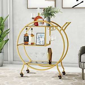 HEONITURE Bar Cart, Upgraded 3 Tier Gold Bar Serving Cart with Glass Holder and Wheels, Metal Handle Round Bar Carts for The Home, Kitchen, Living Room