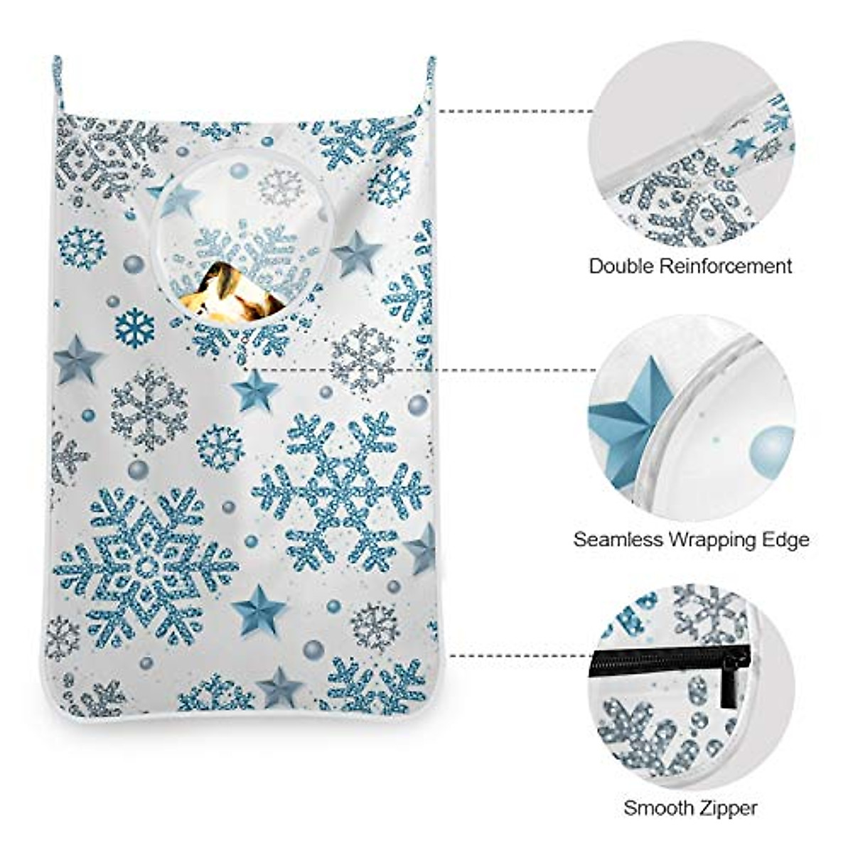 Snowflakes And Stars Door Hanging Laundry Hamper Bag Winter Christmas Space Saving Wall Large Laundry Basket Storage Dirty Clothes Bags with Bottom Zippers Hooks For Bathroom Bedroom 1 Pcs