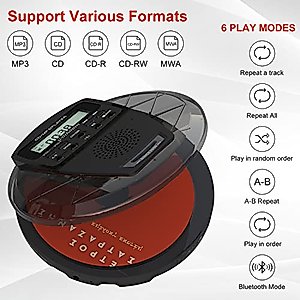 Rechargeable CD Player Portable with Bluetooth,Compact Anti-Skip Shockproof Portable CD Player with Earphone,Walkman CD Player with Stereo Speakers&LCD Display for Car/Home/Travel (AUX Output)
