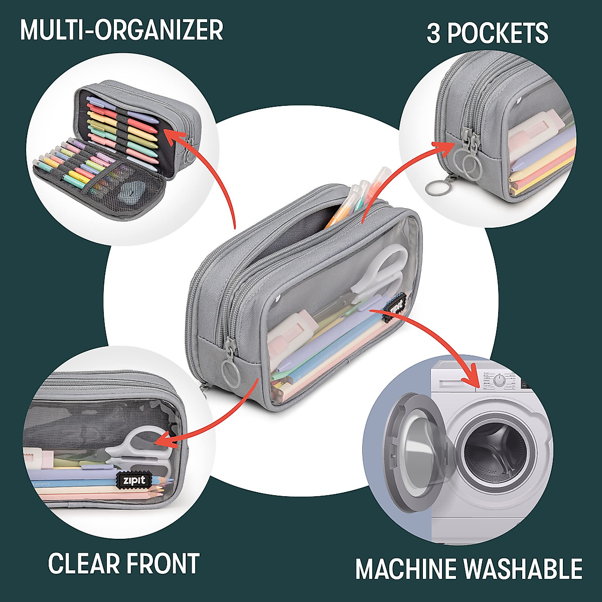 ZIPIT Half & Half Pencil Case | Large Capacity Pencil Pouch | Pencil Bag for School, College and Office (Grey)