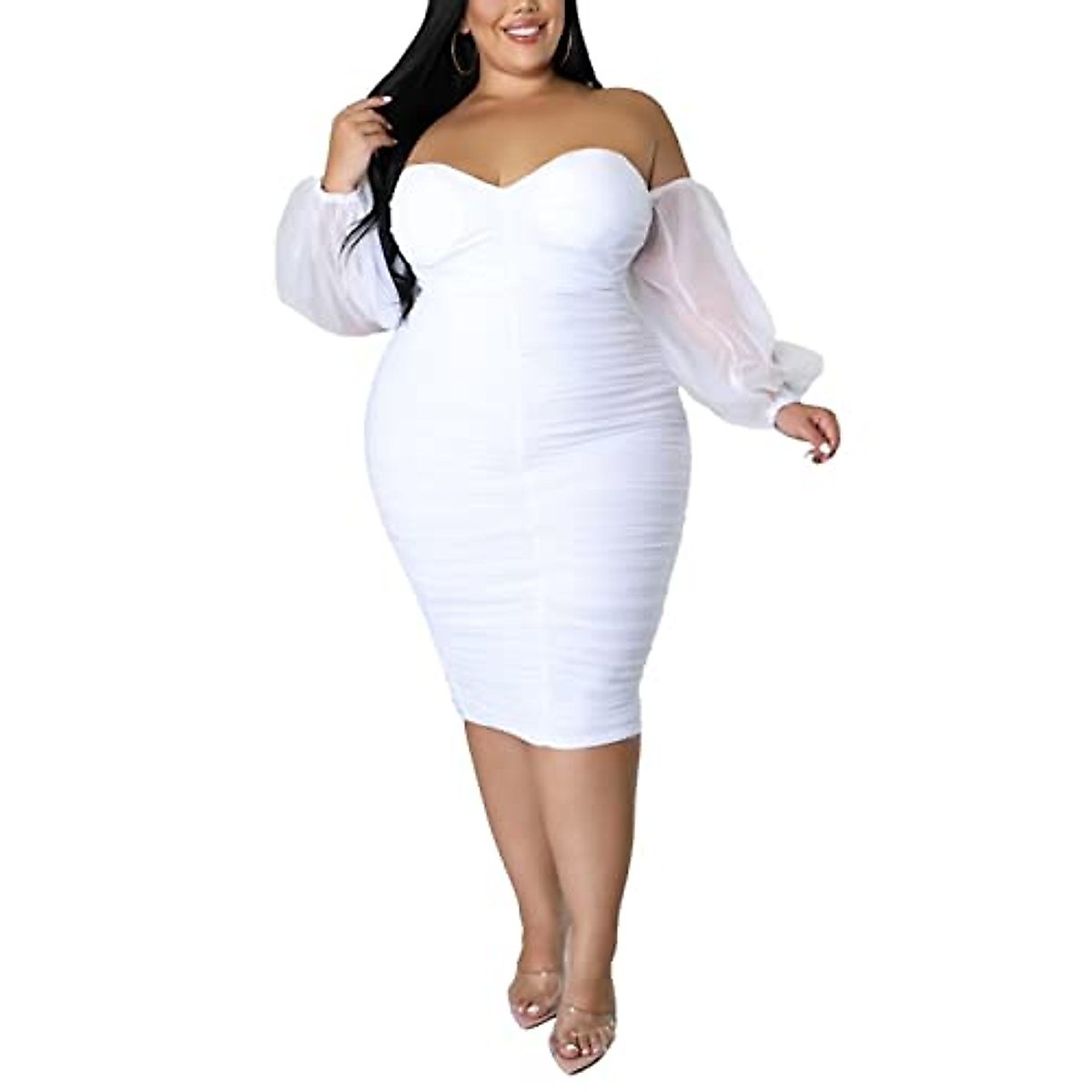 Uni Clau Plus Size Women Sexy Ruched Midi Dress Sheer Mesh Off The Shoulder Long Sleeve Bodycon Pencil Dresses
