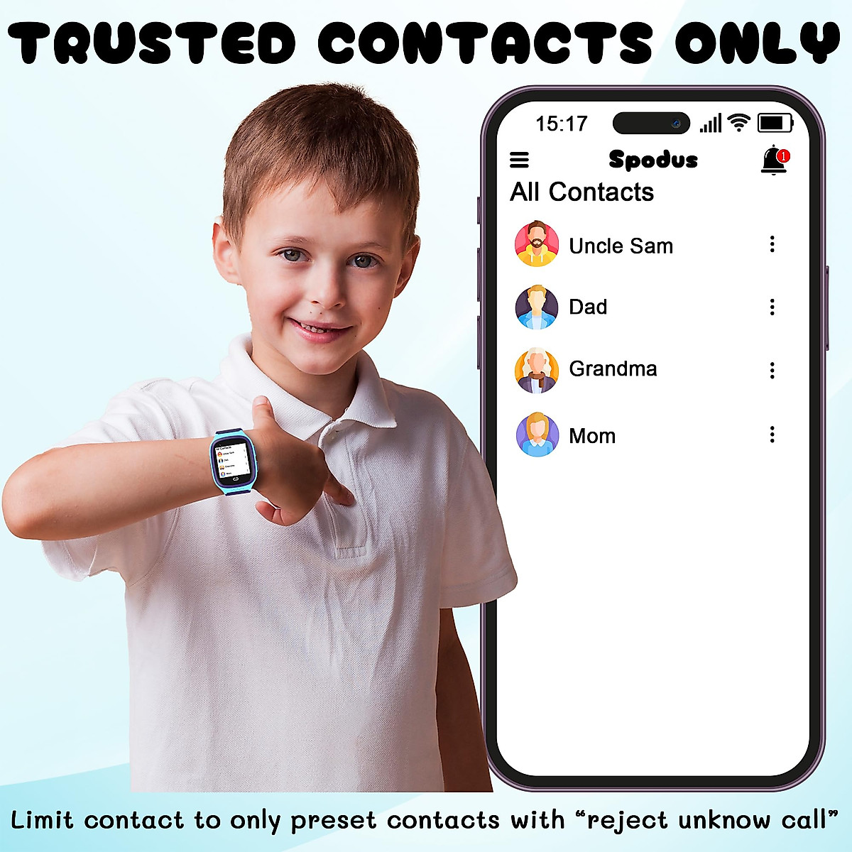 Spodus Smart Watch for Kids with GPS Tracker Cell Phone Watch for Boys 5-12, Tracking Watch Boys with One-Key SOS Call Voice Chat Sleep Monitor Step Counter Alarm for Kids (Including SIM Card)