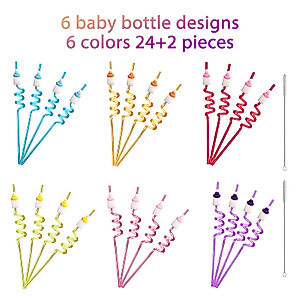 24 Reusable Baby Bottle Plastic Straws for Girls Boys Baby Shower Party Gift Favors with 2 Cleaning Brushes