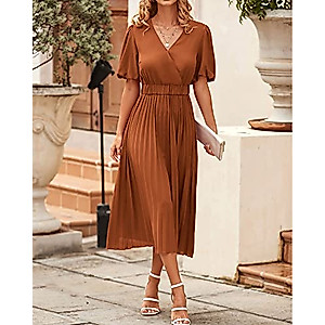 BTFBM Women Casual Dresses 2023 Summer Boho Wrap V Neck Puff Short Sleeve Beach Party Flowy Pleated A-Line Maxi Dress(Solid Brick Red, Large)