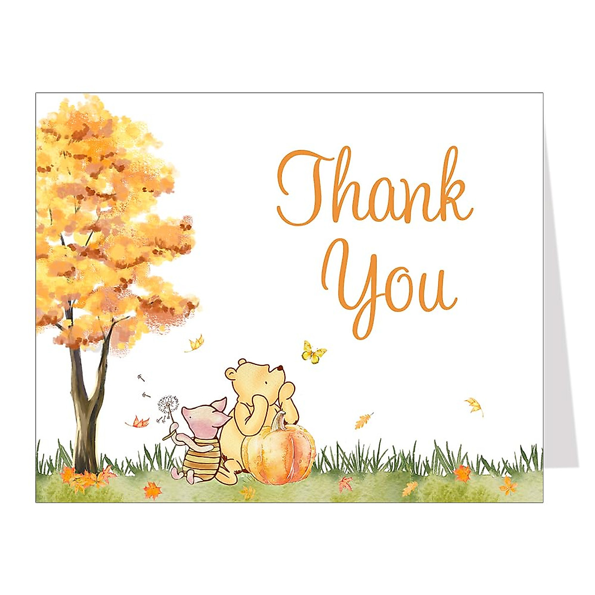 Winnie the Pooh Baby Shower Thank You Cards Pooh Bear Cute Cartoon Storybook Autumn Fall Leaves Pumpkin Piglet Nostalgic Unisex Gender Neutral Printed Cards (24 Count)