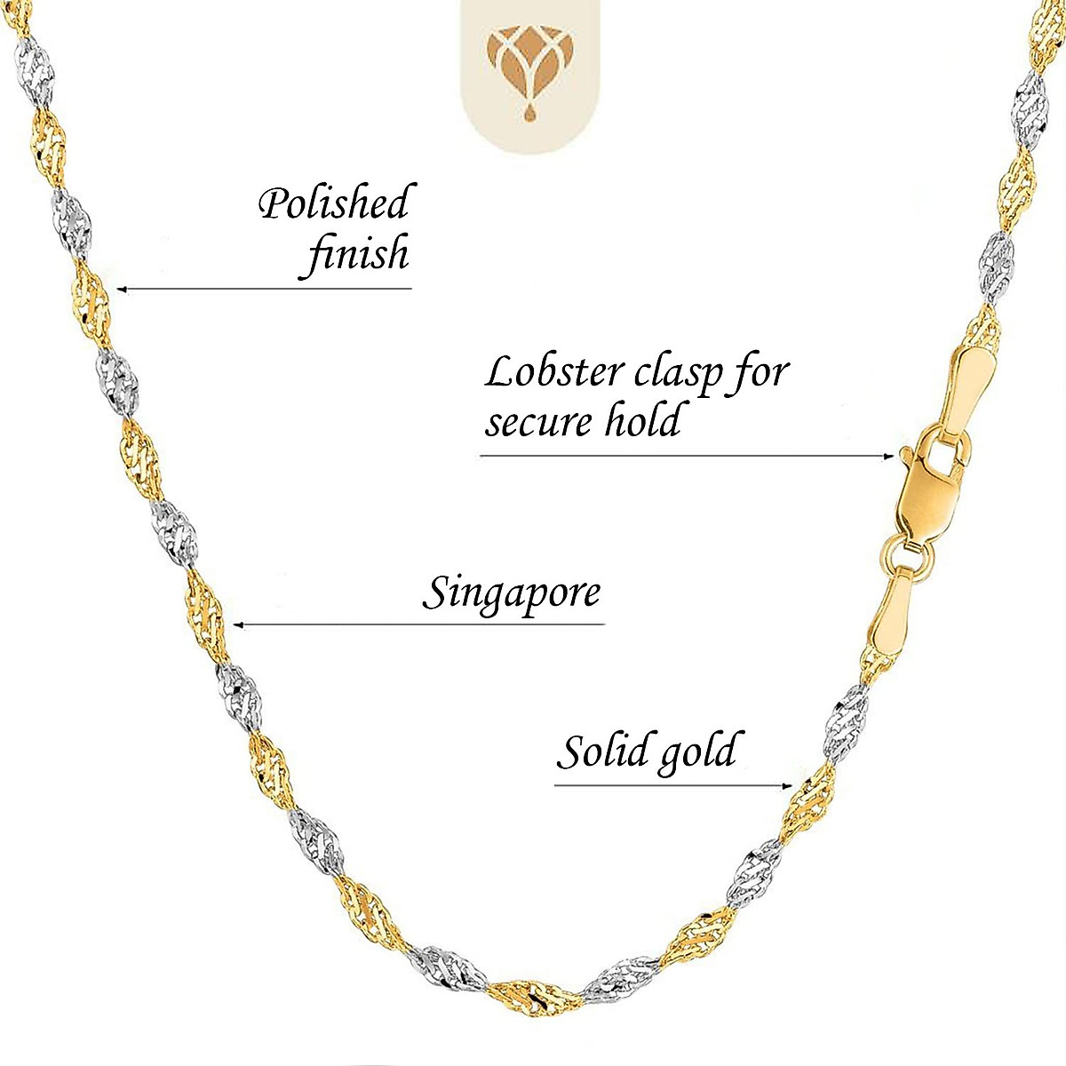 The Diamond Deal Women’s 14k White-and-Yellow-Gold, 2.00mm Shiny Diamond-Cut Classic Singapore Chain Necklace for Pendants.