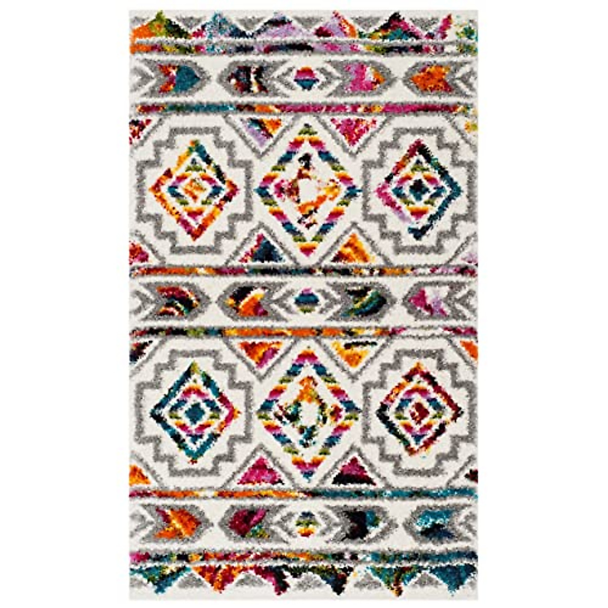 SAFAVIEH Fiesta Shag Collection 6'7" x 9'2" Cream / Multi FSG365A Moroccan Boho Non-Shedding Living Room Bedroom Dining Room Entryway Kids Area Rug