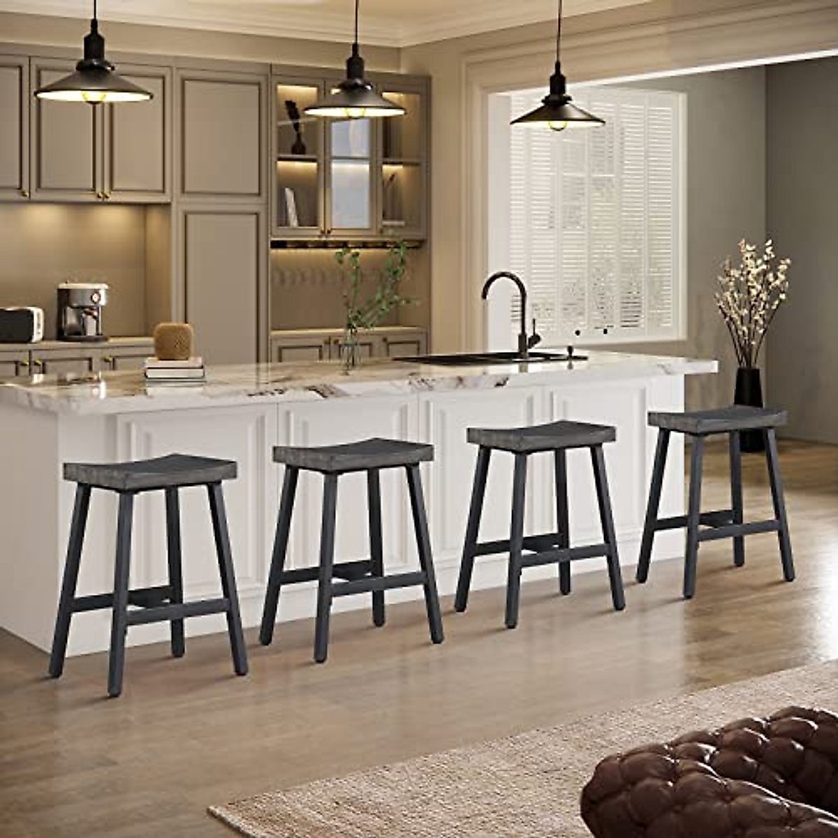 OUllUO Black Gray Bar Stools Set of 2, Backless Saddle Barstools, 25" Counter Height Bar Stools, Gray Solid Wood Counter Stools with Metal Frame for Kitchen Island, 521P-BGWD