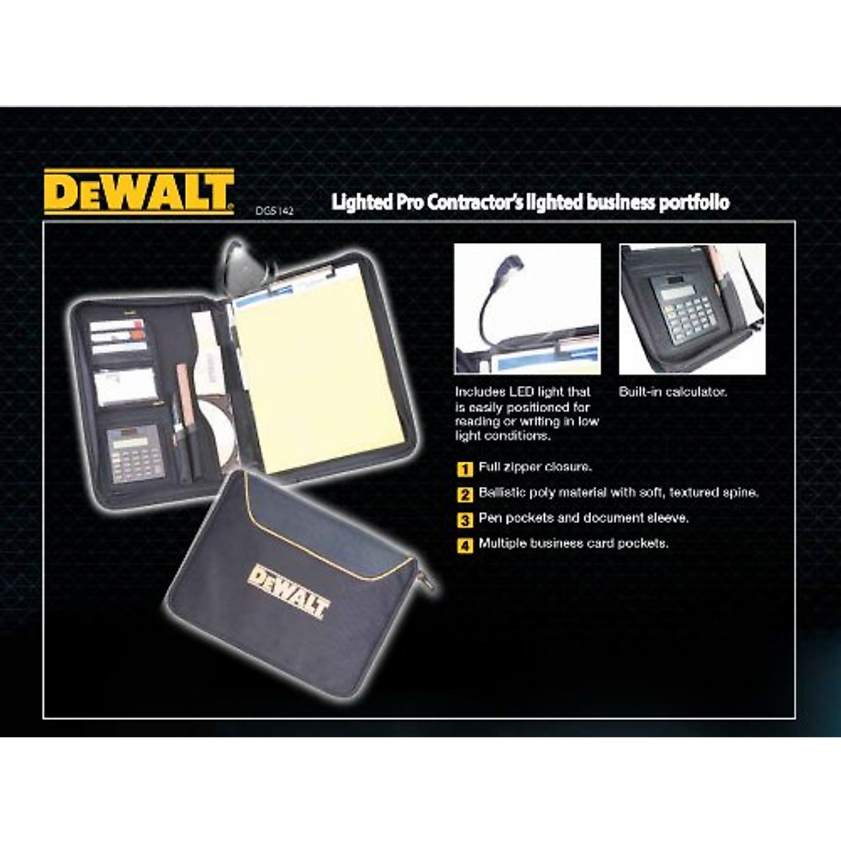 DEWALT DG5142 Pro Contractor's Business Portfolio with Flex-Light, Built-In Calculator, Full Zipper Enclosure