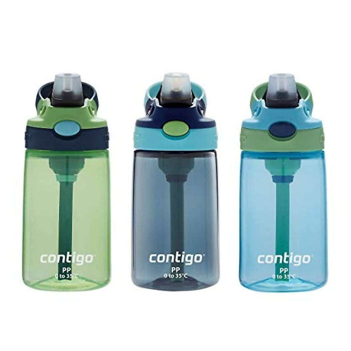Contigo Kids Water Bottle, 14 oz with Autospout Technology – Spill Proof, Easy-Clean Lid Design – Ages 3 Plus, Top Rack Dishwasher Safe, 3-Pack, Green / Blue, blue green