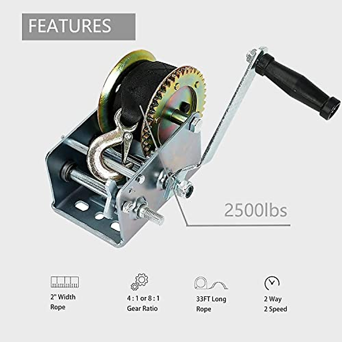 2500lbs Hand Winch + 24FT Strap, Heavy Duty Hand Crank Gear Winch Portable Manual Winch for Trailer, Boat or ATV