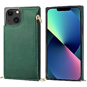 Bocasal Crossbody Wallet Case for iPhone 13 with RFID Blocking Card Slot Holder, Magnetic Flip Folio Purse Case, PU Leather Zipper Handbag with Detachable Lanyard Strap 6.1 Inch 5G (Green)