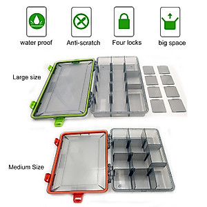 2PC JOYGO FISHAN Waterproof Fishing Tackle Boxes DIY Trags Organizer Box Transparent Adjustable Dividers Hold Fishing Lure Box Easy to Open Latches 2 Size Choice (Orange+Green 8.6*6.6*2inch)