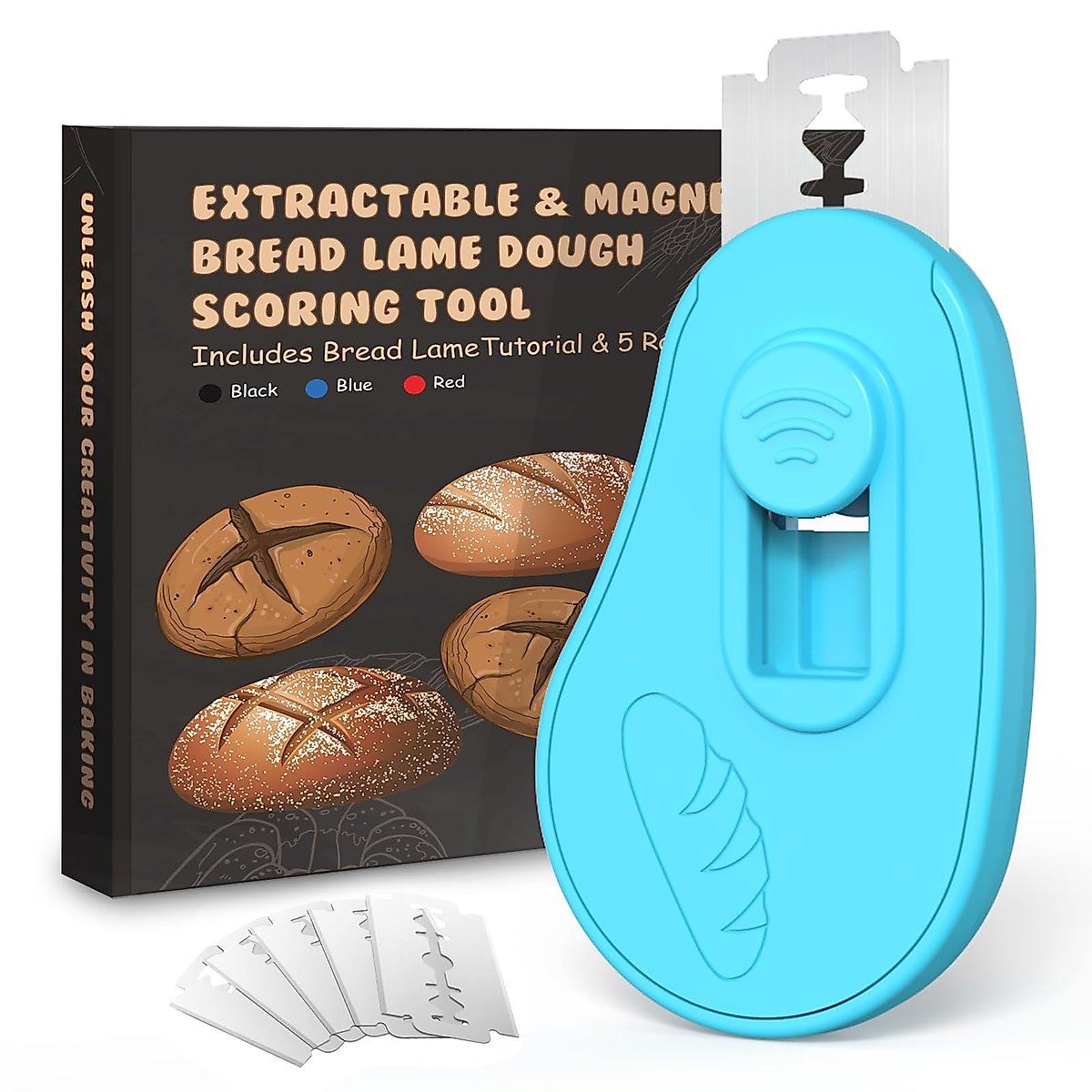 NeoRov Extractable & Magnetic Bread Lame Dough Scoring Tool - Professional Sourdough Scoring Tool - Sourdough Bread Baking & Bread Scoring Tool - Scoring Patterns booklet & 5 Razor Blades (Blue)