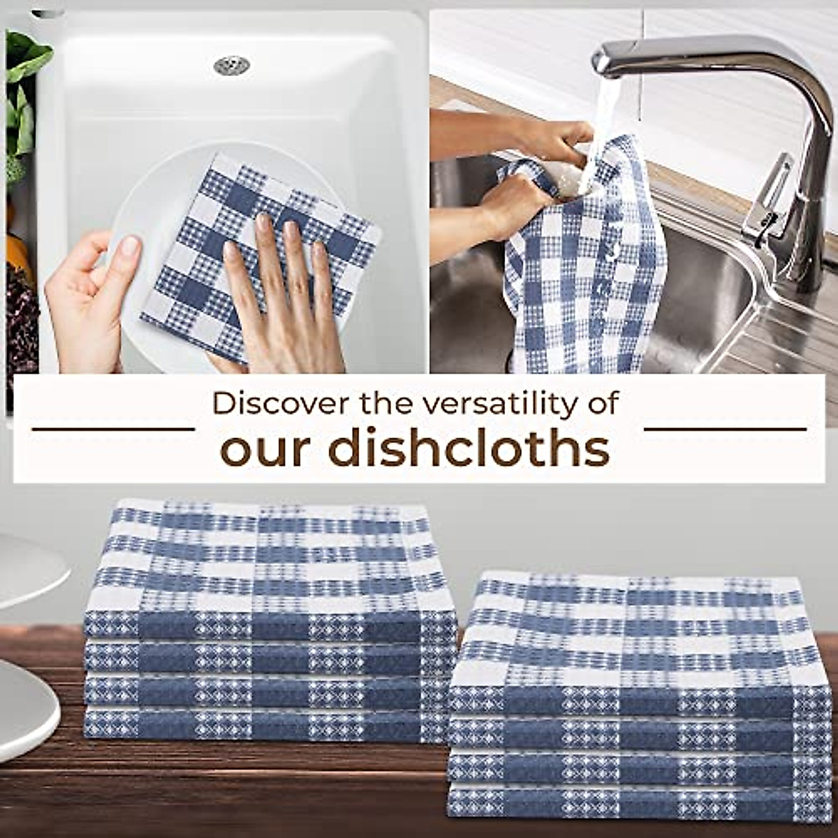 Urban Villa Cotton Dish Cloth Set of 8, Waffle Kitchen Cloth Highly Absorbent Super Soft 12x12 Inch Dish Cloths for Kitchen Cleaning & Drying Dishes Mitered Corner Dish Towels - Blue White, Checks