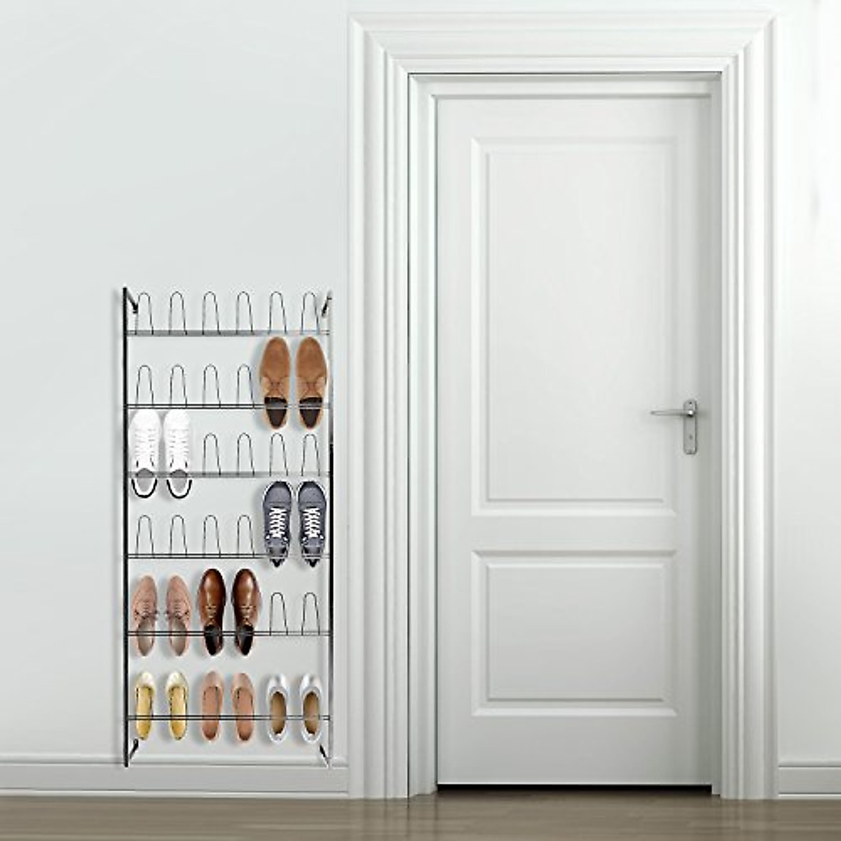 MyGift Black Metal Shoe Organizer for Entryway, Wall Mounted Shoe Rack for Closet with 36 Hooks, Holds up to 18 Pair