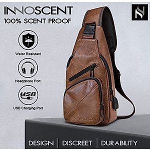 INNOSCENT SMELL PROOF Sling Bag Backpack -COMBINATION LOCK- Lightweight Waterproof Shoulder Crossbody Bag with USB/Headphone Charging Port Brown Leather.