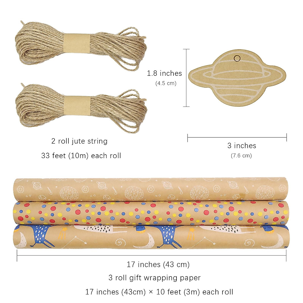 BIOBROWN Wrapping Paper Rolls with Tags and Jute String -Giraffe Designs for Birthday,Holiday, Baby Shower Packing -3 Rolls-17 inch X 10 feet Per Roll