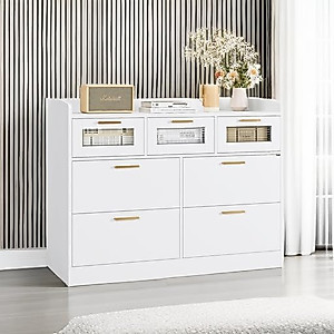 HOSTACK Modern 7 Drawer Dresser, White Dressser Chest of Drawers with Deep Drawers, Wide Wooden Dresser with Fluted Glass & Anti-Drop Fence for Living Room, Hallway, White