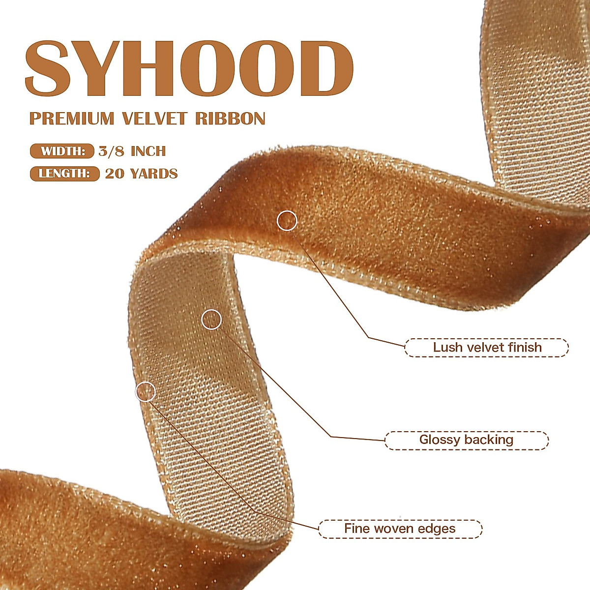 Christmas Wired Velvet Ribbon with Gold Edge Velvet Waterproof Ribbon Wrapping Velvet Decoration Ribbon for Xmas Wreath Bows Floral Craft Ornaments(Khaki,3/8 Inch x 20 Yard)