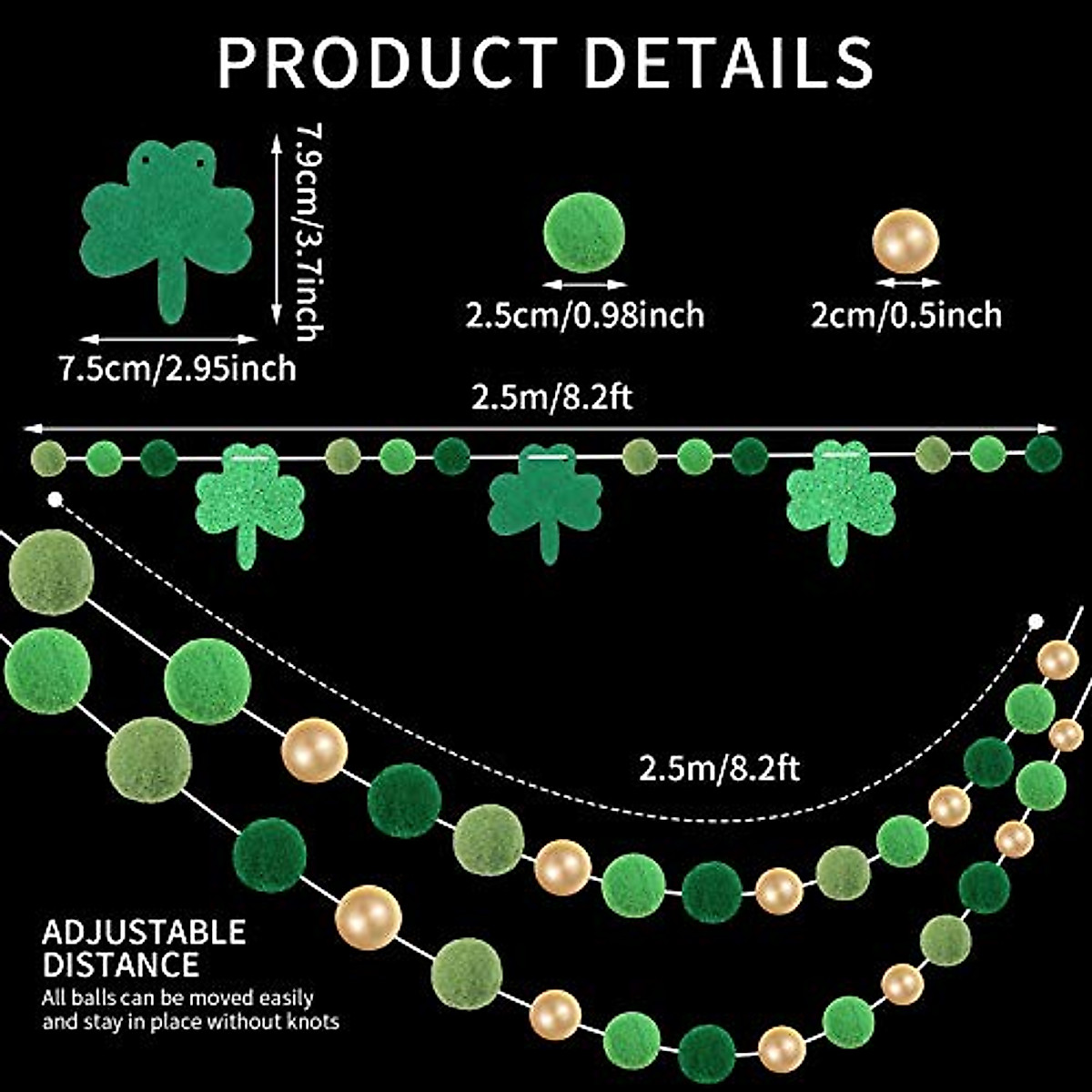 3 Pieces Pom Pom Garlands Felt Shamrock Clover Garlands Irish Wall Hanging Garlands Green Gold Felt Ball Garlands St. Patrick's Day Banner Decors for Irish St. Patrick's Day Indoor Outdoor Parties