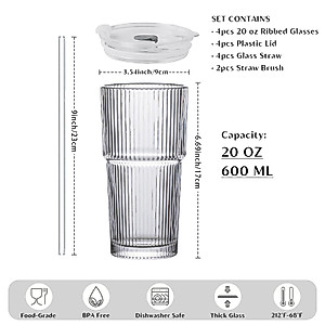 INSETLAN 20 oz Ribbed Glass Tumblers with Lids and Glass Straws – 4-Piece Glassware Set, Thickened Glass, Ideal for Iced Coffee, Smoothies, Cocktails, and Juices – Elegant and Durable Drinkware