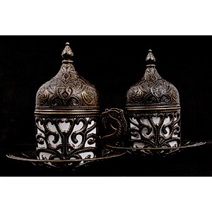 HeraCraft Antique Bronzed Color Turkish Coffee Serving Full Set - with Turkish Coffee Multi Serving Tray 6 oz Coffee Pot 2pcs Cups Lids Tray Sugar Bowl Spoons - Best Gift Set